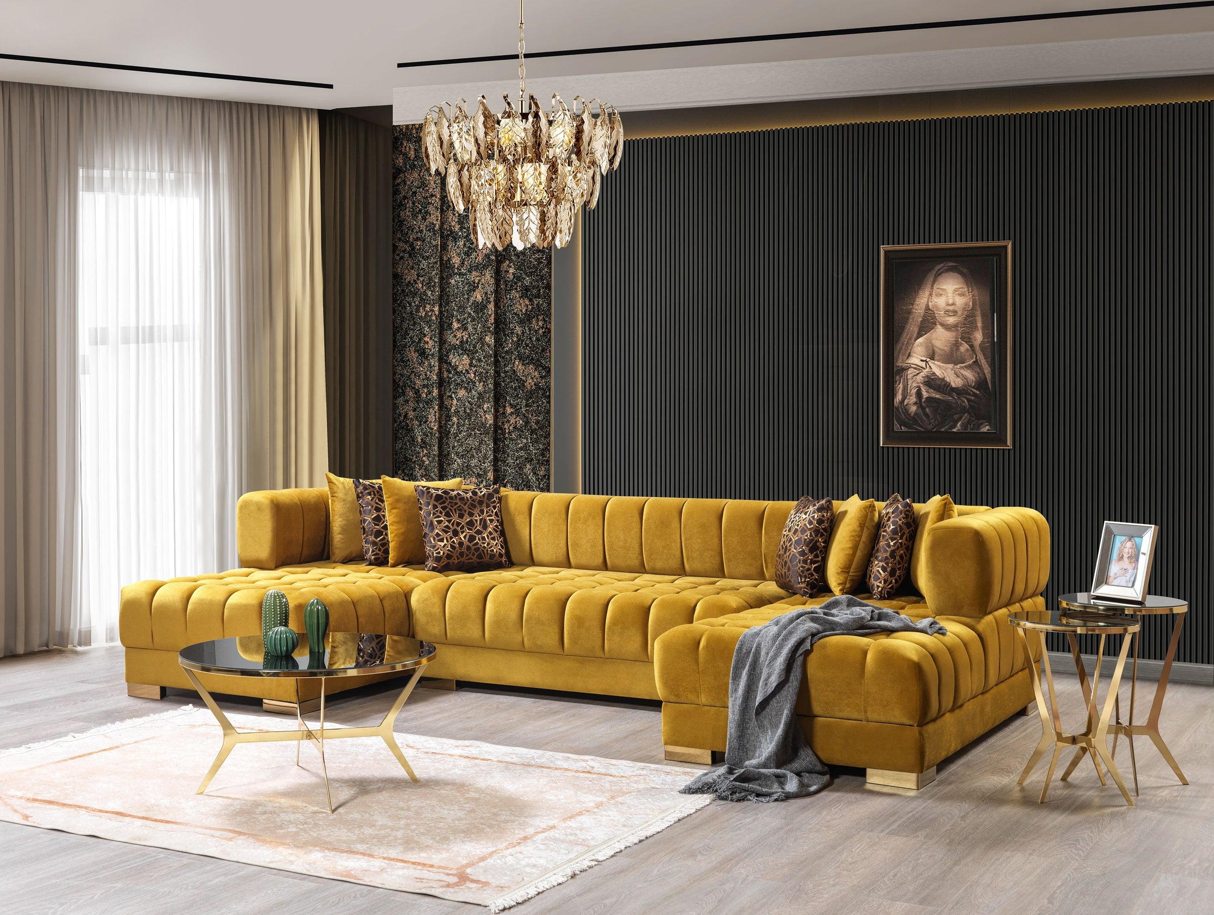 Ariana Mustard Velvet Double Chaise Sectional - Gate Furniture