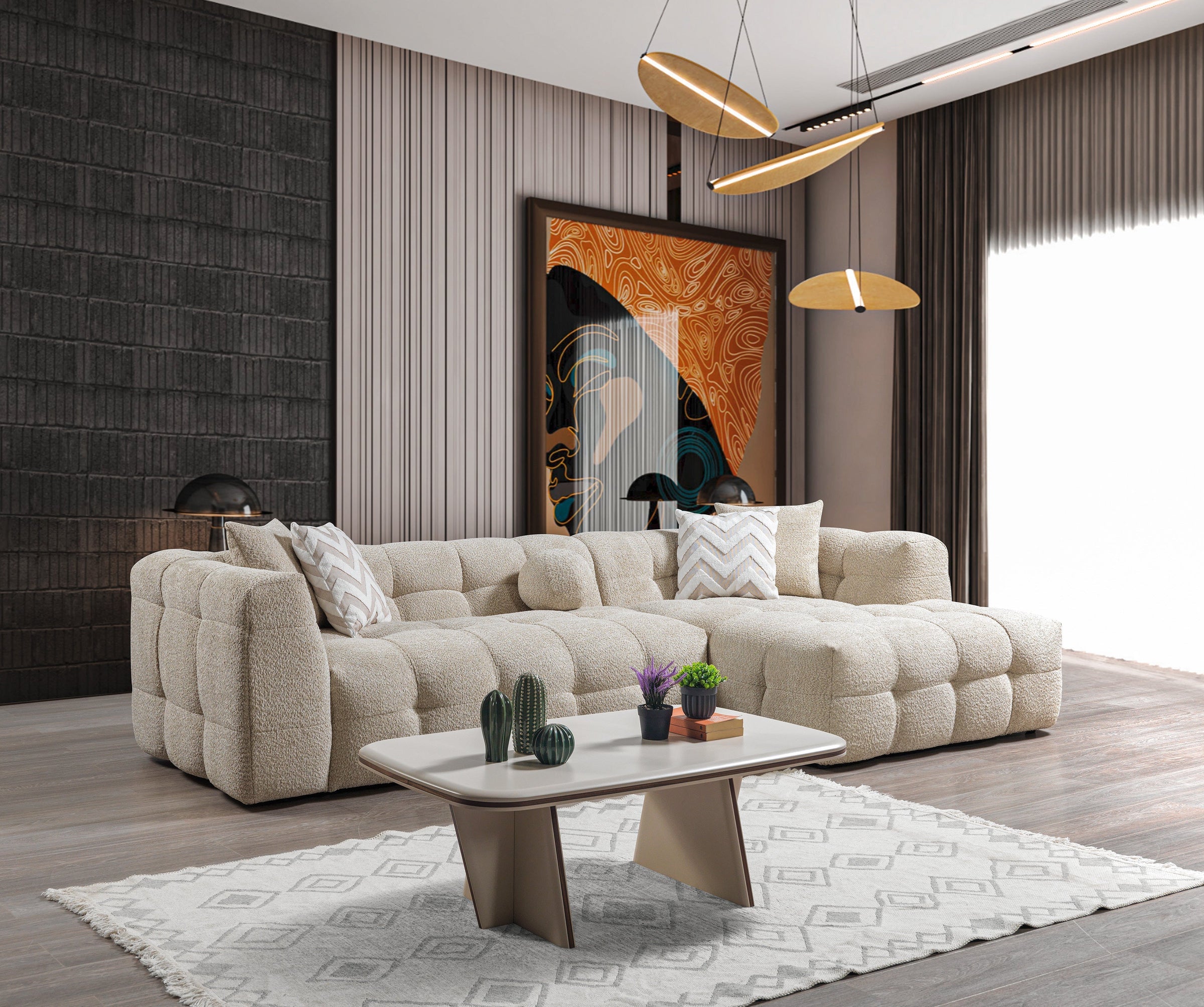 Ivy Sand Boucle RAF 110" Sectional - Gate Furniture