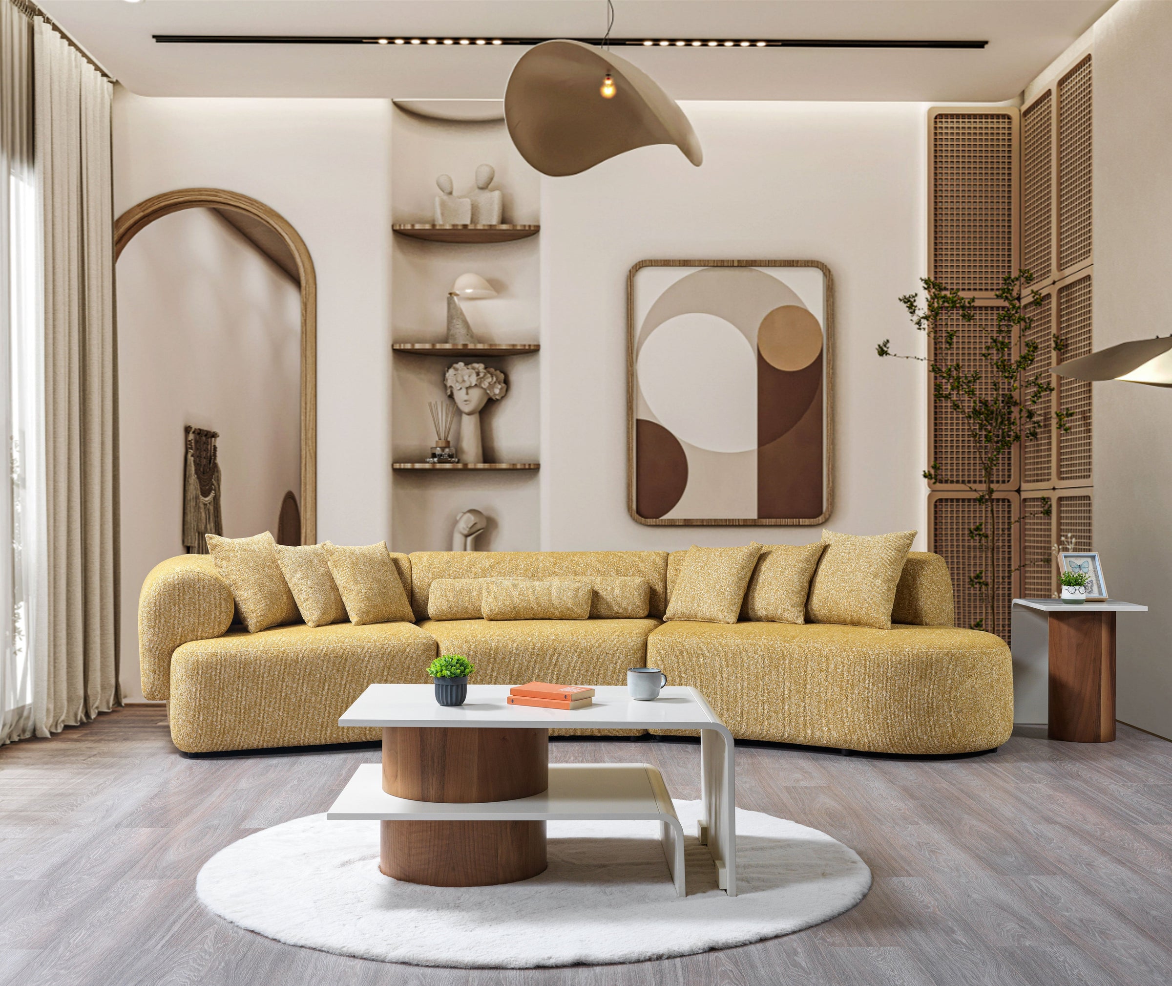 Lena Mustard Boucle 3-Piece Curved Sectional - Gate Furniture