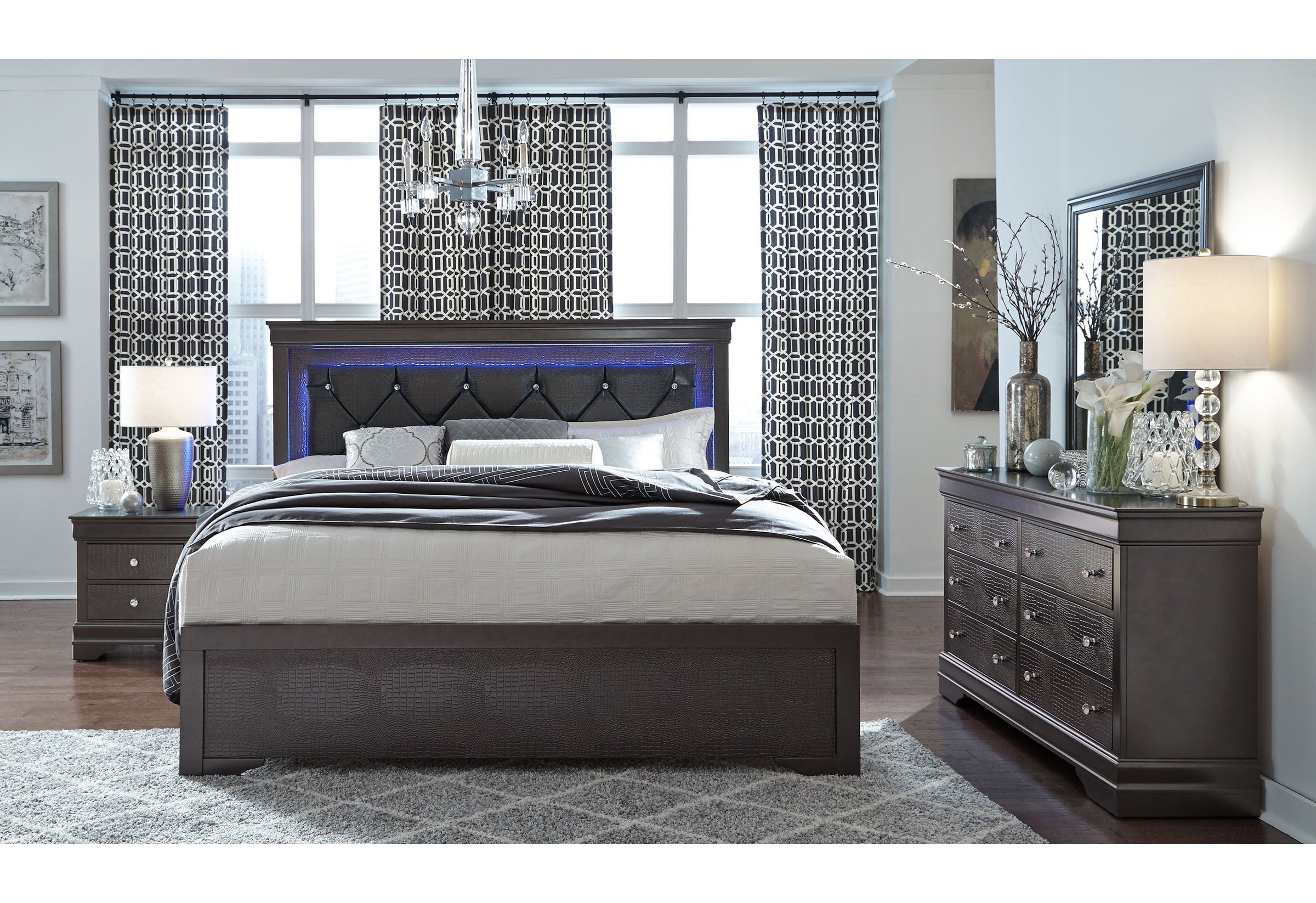 Pompei Metallic Grey King Bed Group With Led - Gate Furniture